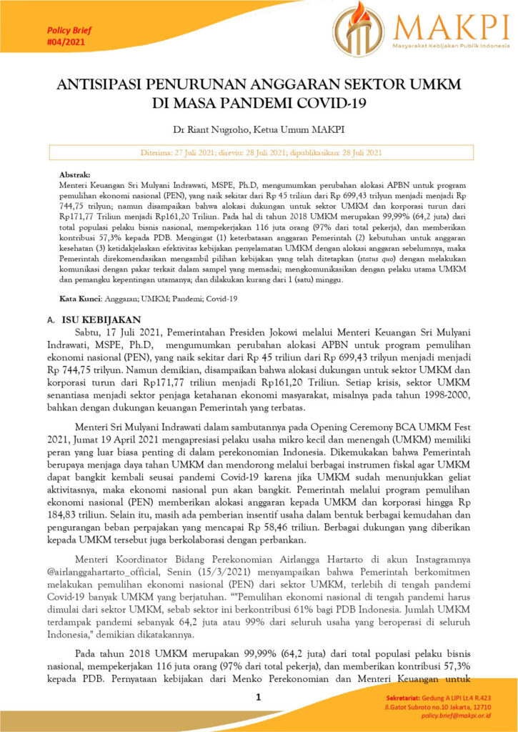 Antisipasi Penurunan Anggaran Sektor UMKM Di Masa Pandemi Covid-19 - MAKPI